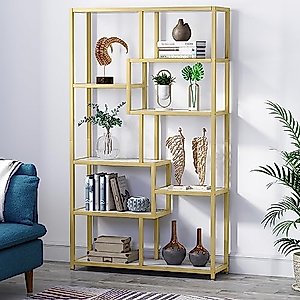 Tribesigns Bookshelf Bookcase, Gold 8-Open Shelf Etagere Bookcase with Faux Marble, Modern Book Shelves Display Shelf Storage Organizer for Home Office