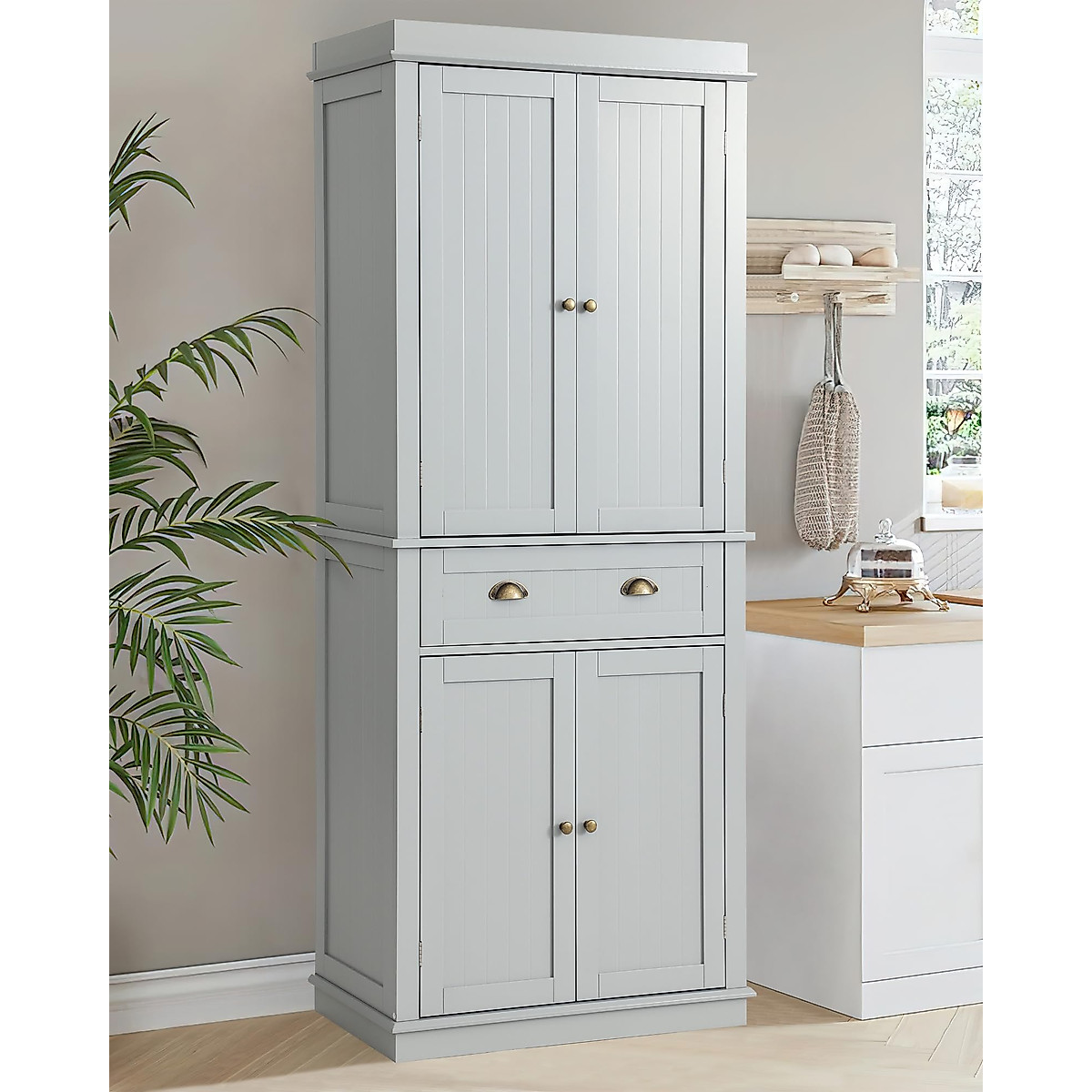 LOUVIXA 72" Kitchen Pantry Storage Cabinet, Freestanding Cupboard with 2 Cabinets, Drawer and Adjustable Shelves, Tall Storage Cabinet for Kitchen, Dinning Room, Living Room, Grey
