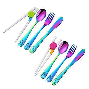 Kids Silverware, Poylim Stainless Steel Children Flatware Set, Toddler Utensils Set of 2, Rainbow