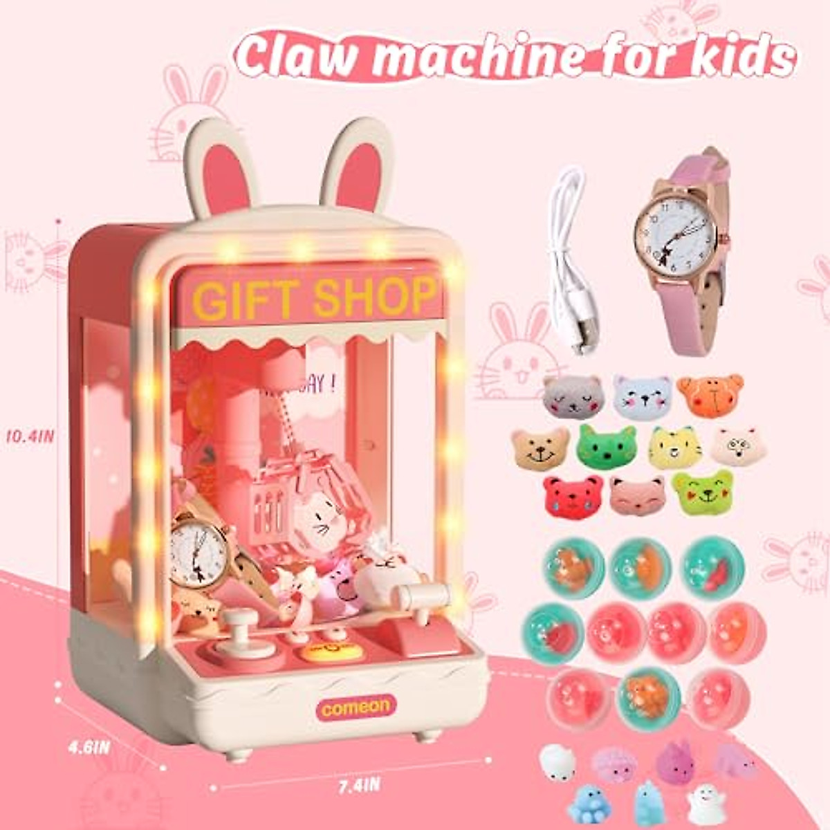 Skirfy Claw Vending Machine - Mini Arcade Game for Kids Ages 6-10, with Lights & Watch - Trendy Birthday Gift for Girls