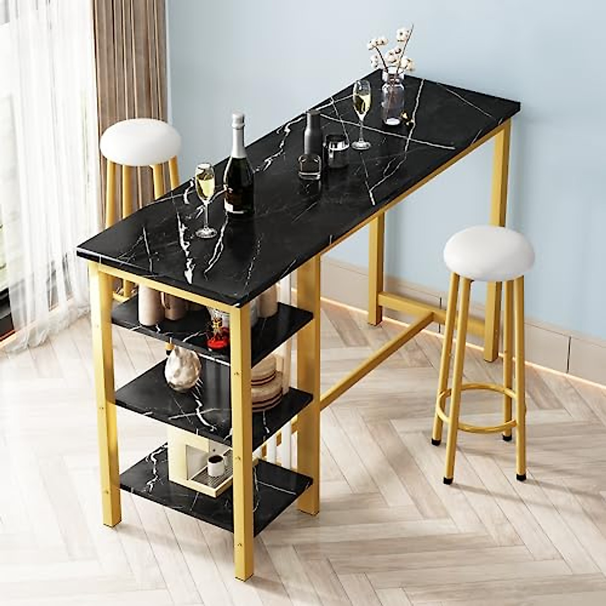AWQM Home Bar Table Set of 2 with Storage Shelves, 47" Black Faux Marble Dining Set with Upholstered Leather Bar Height Stools, 3-Piece Kitchen Table for 2 People, Space Saving Table (Black & Gold)