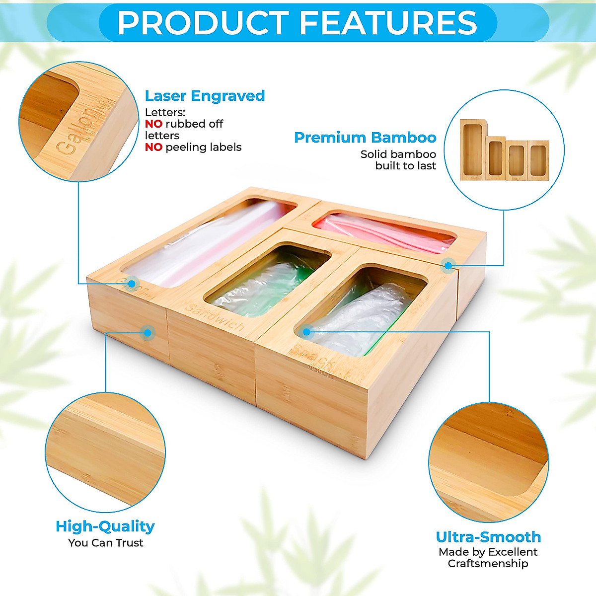 VerveMade Bamboo ziplock bag storage organizer - Premium kitchen drawer organizer- wooden baggie holder with larger quart size - Compatible with Gallon, quart, sandwich, and snack baggies.