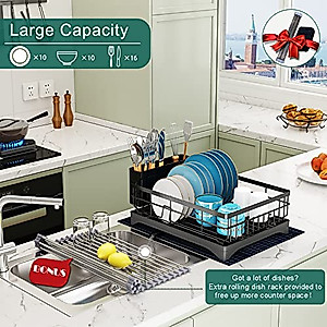 ANTOPY Dish Drying Rack Large Dish Rack, Rustproof Stainless Steel Dish Racks for Kitchen Counter, Extra Roll-Up Drying Rack for Kitchen Sink, Dish Drainer with Drainboard Utensil Holder Dryer Mat