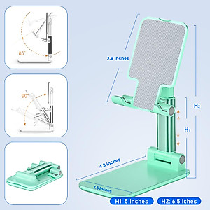 OGMAPLE Cell Phone Stand, Angle Height Adjustable Cell Phone Holder with Silicon Pad for Desk Fully Forldable Mobile Phone Holder Compatible with All Mobile Phones, MT-6, (Green)