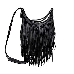 YOUNXSL Tassle Shoulder Bags for Women PU Leather Handbag Bohemia Satchel Zipper Crossbody Bag Purse Black