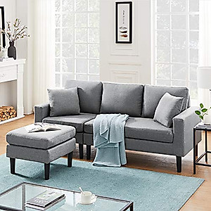 Zushule Convertible Sectional Couch with Chaise Lounge for Living Room, Adjustable Left Hand Facing L-Shaped Reversible Sofa with 4 Seats and Pillows for House Furniture (Light Grey)
