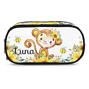 Custom Pencil Pen Case, Personalized Pencil Bag Pouch Box with Zipper, Pencil Pouch for School Office and Travel Sunflower Monkey