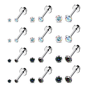 JOERICA 12Pairs 20G Stainless Steel CZ Stud Earrings for Women Men Cartilage Helix 2mm Stud Earrings Set Round Cubic Zirconia Screw Flat Back Stud Ear Piercing