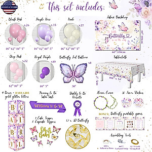 195 Pc Butterfly Baby Shower Decorations for Girl with Pink and Purple Butterfly Balloon Arch Kit, Baby Girl Boxes, Backdrop, Tablecloth, Sash, Cake and Cupcake Toppers, Crown and more