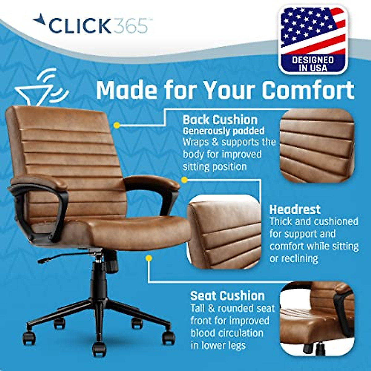 Click365 Transform 3.0 Extra Comfort Ergonomic Mid Back Channel Stitching Desk Chair, with Padded armrests, Adjustable-Height, Tilt, Lumbar Support, 360-Degree Swivel, Bonded Leather, Cognac