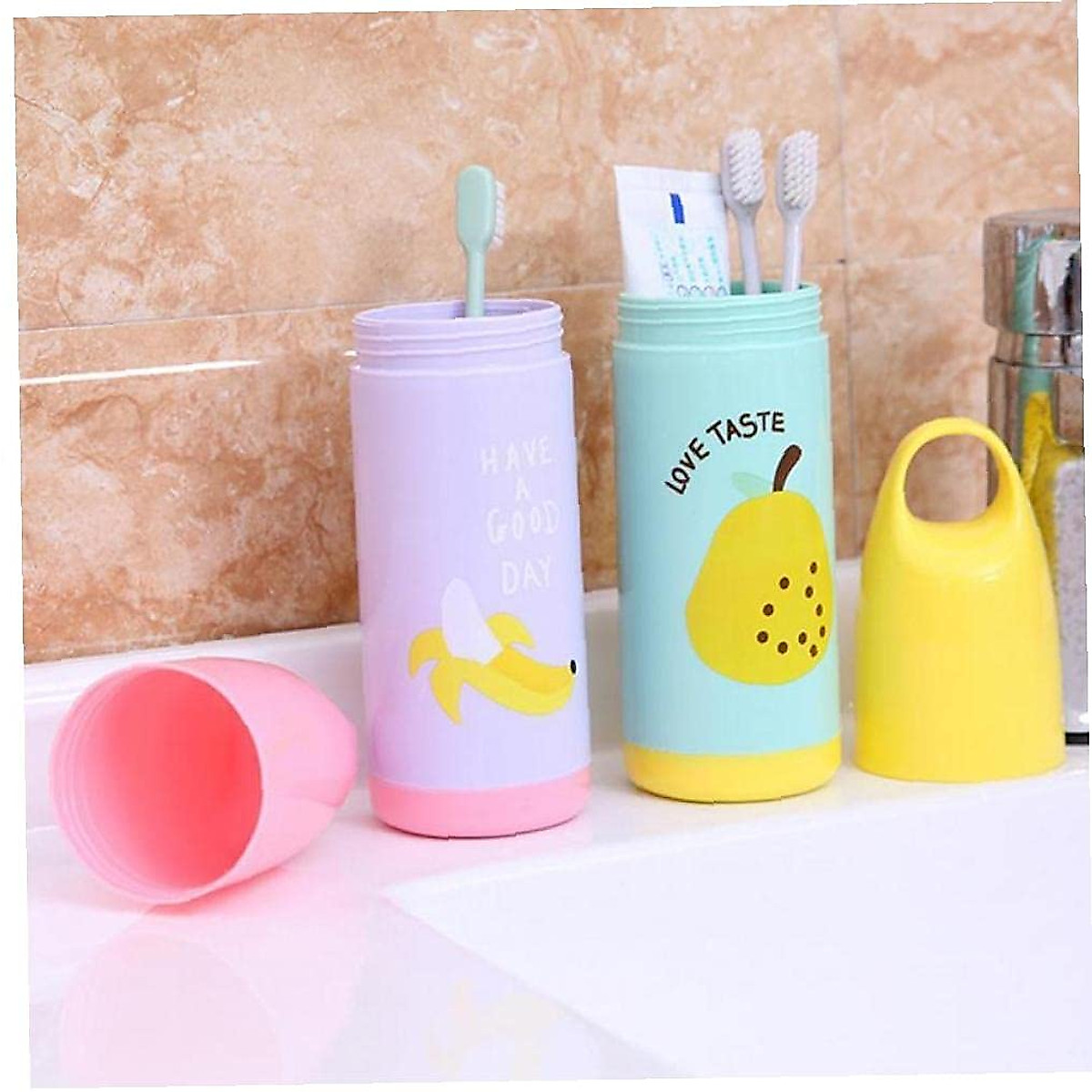Portable Travel Toothbrush Case, Hard Plastic Dust-proof Toothbrush Container Cartoon Fruits Toothbrush Holde Pink