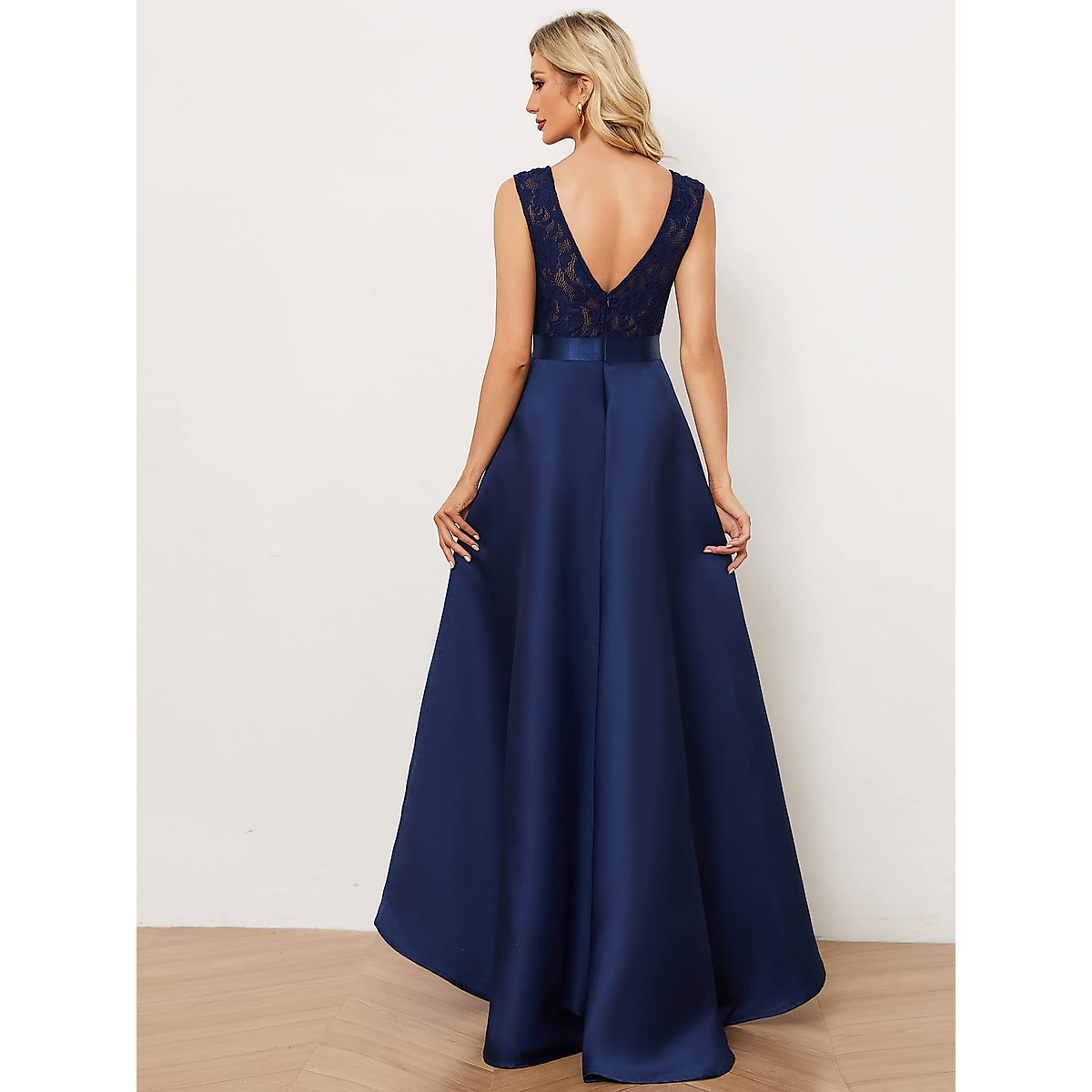 Ever-Pretty Women's Sleeveless Round Neck Asymmetry Hem Lace Satin Summer Wedding Guest Dresses Navy Blue US4
