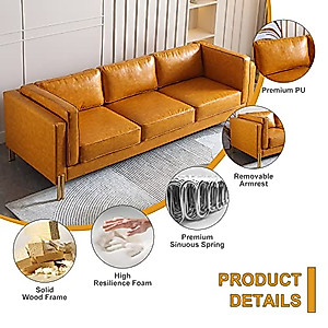 Hommoo Faux Leather Sofa 94" Large 3 Seater Sofa with Removable Cushions Mid Century Modern Couch for Living Room Comfy Couch with Gold Metal Legs Apartment Couch Brown