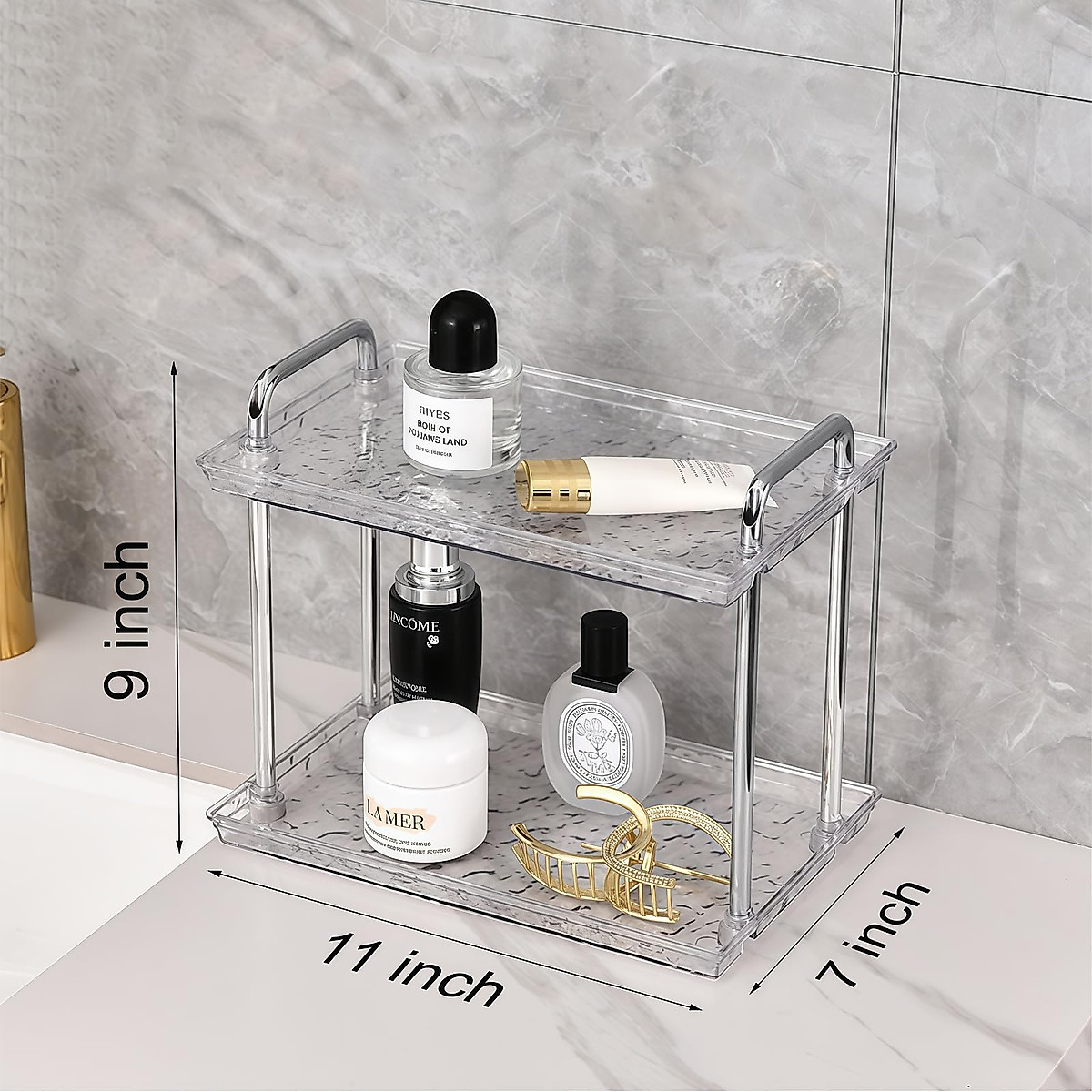 DEYIZY 2-Tier Bathroom Counter Organizer - Vanity Shelf for Cosmetics & Toiletries. Easy Assembly, Ideal for Sink Area, Countertops, & Under Sink Storage (Transparent)
