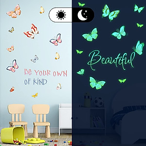 IARTTOP Luminous Butterfly Wall Decal, Inspirational Quotes-Be Your Own of Kind Peel and Stick Murals, Romantic Glow Butterflies Theme Wall Sticker for Girls Bedroom Nursery Kids Room Decoration