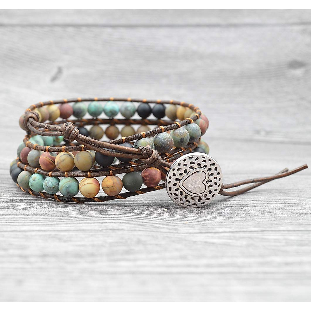 Izpack Fashion Love Heart Beaded Leather 3 Wrap Bracelets for Women Handmade Boho Natural Stone Ball Beads Wrist Bracelet Nice Gifts New Adjustable