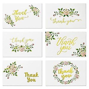 48-Count Thank You Cards with Envelopes, 6 Elegant Rose Flower Designs with Gold Foil Print for Wedding Baby and Bridal Shower