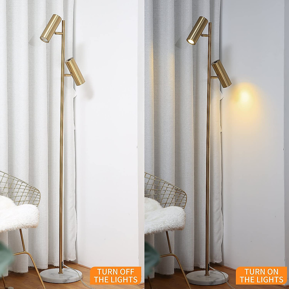 Hsyile Lighting KU300211 Cozy Elegant Modern Creative Bedroom & Living Room Floor Lamp,Tall Pole Uplight for Office - with Bulb - Brass Finish - Adjustable Tree Floor Lamp with 2 Bulbs
