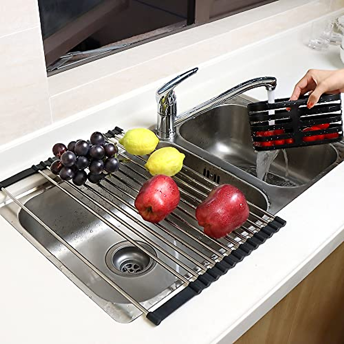 DMJWAN Roll Up Dish Drying Rack,Foldable Sink Rack with 2 Storage Baskets, Rollup & Stretchable,SUS304 Stainless Steel , for Kitchen Dishes,（Expandable Size22.8" X 12.7"）