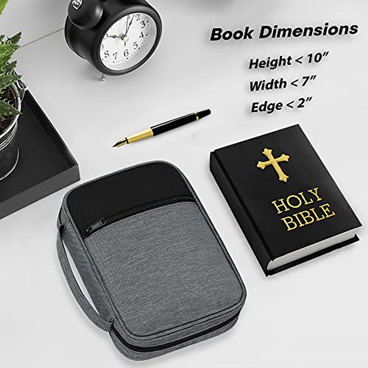 QASMANA Bible Cover, Standard Size Polyester Bible Case with 4 Highlighters, Internal Compartments and Zippers, 10x7x2 Inches, (Gray)