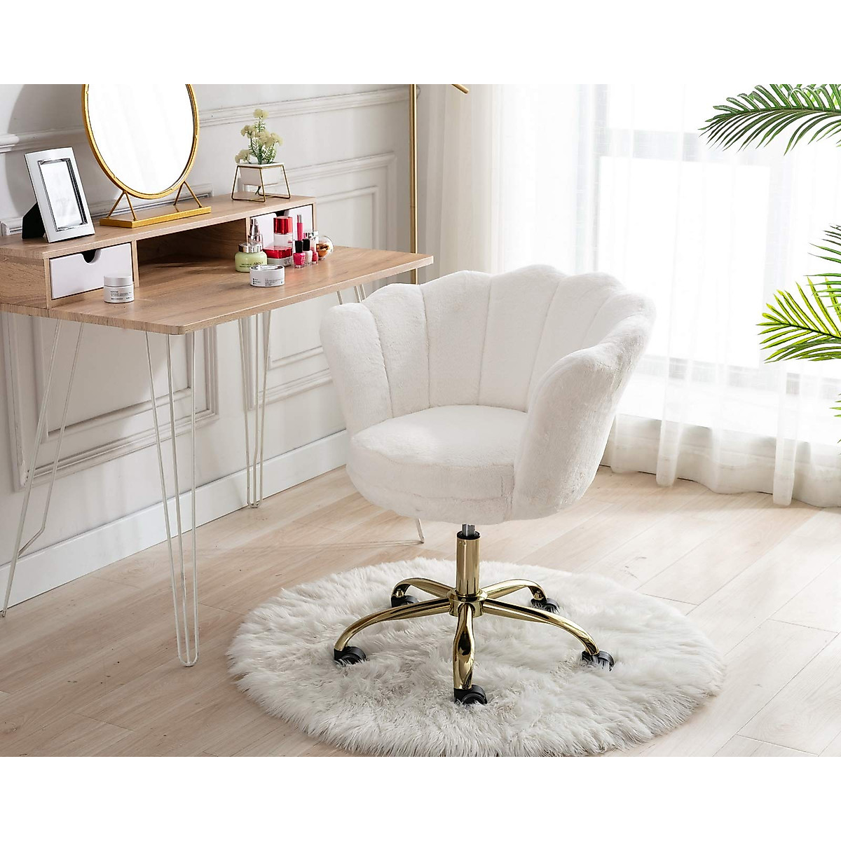 White Desk Chair Fluffy Task Vanity Chair Home Office Chair Adjustable Rolling Swivel Chair with Wheels for Teens Adults Bedroom Study Room, Faux Fur