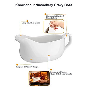 Nucookery Large 14 Oz Gravy Boat With Ergonomic Handle | White Fine Porcelain Saucier With Big Dripless Lip Spout | For Gravy, Warming Sauces, Salad Dressings, Milk, More | Microwave & Freezer Safe