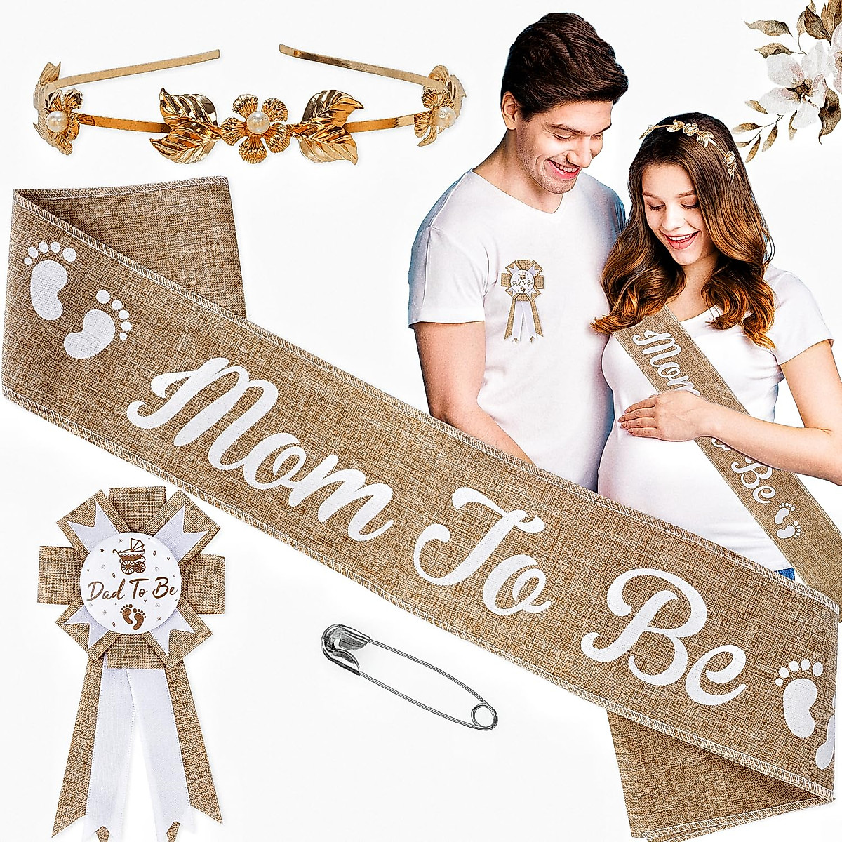 Neutral Burlap Mom to Be Sash Dad to Be Pin Baby Shower Decorations, Rustic Boho Gold Flower Crown Headband Mommy to Be Sash for Gender Reveals Party Decorations for Pregnant Keepsake Gifts