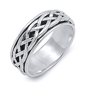 Double Accent Sterling Silver Wedding & Engagement Ring Celtic Design Spinner Wedding Band 8mm (Size 4 to 14) Size 6