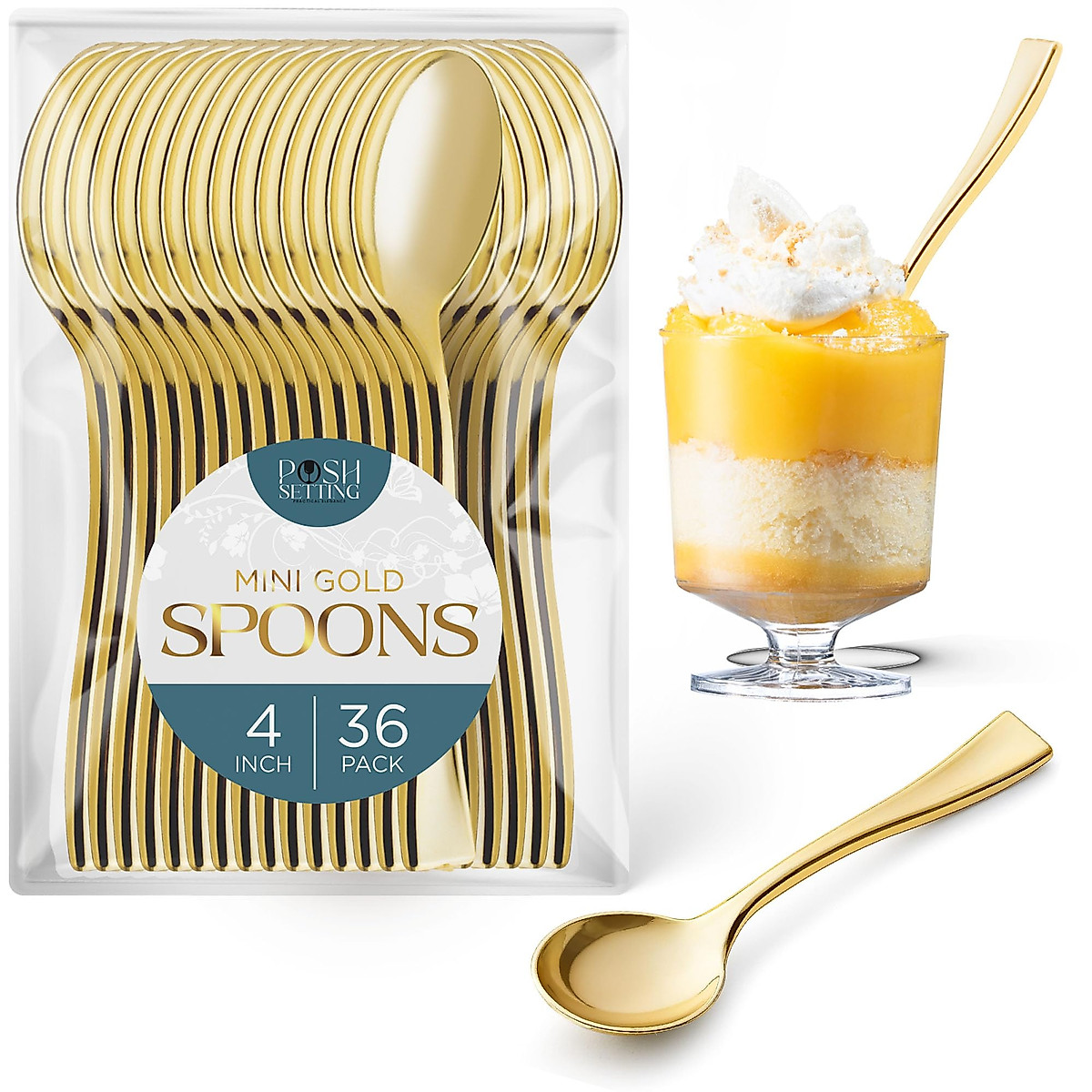 Posh Setting - Plastic Mini Spoons, Gold Mini Spoons, Gold Plastic Mini Dessert Spoons, Disposable Tiny Gold Spoons, 4 inch Mini Spoons for Appetizers, Taster Spoons, Ice Cream Spoons (36 Pack)