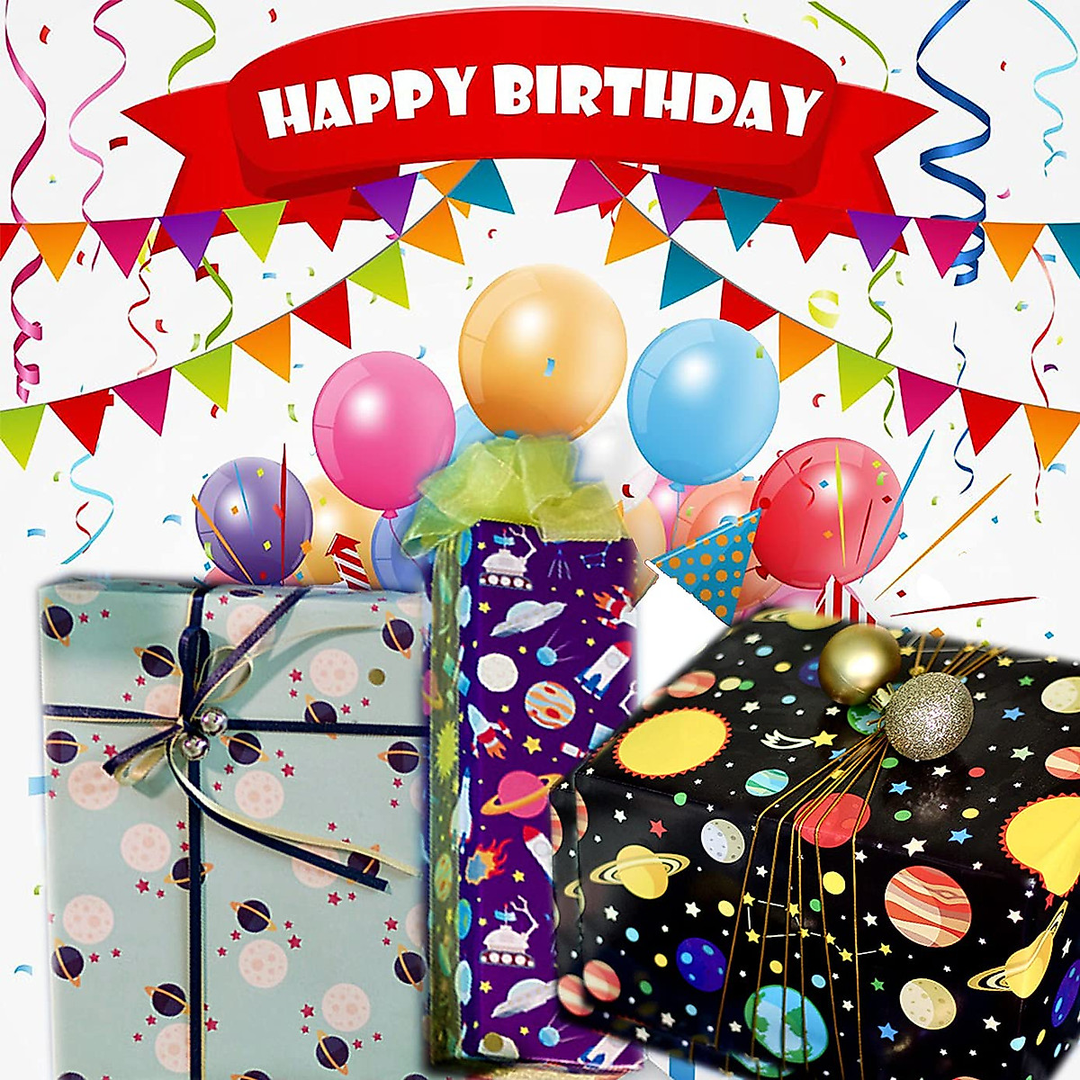 poophe Solar System Wrapping Paper, Space Gift Wrap Paper Set, 5 Pack Folded Outer Space Theme Gift Wrap for Birthday Party Decoration DIY Craft Supplies 70 X 50cm