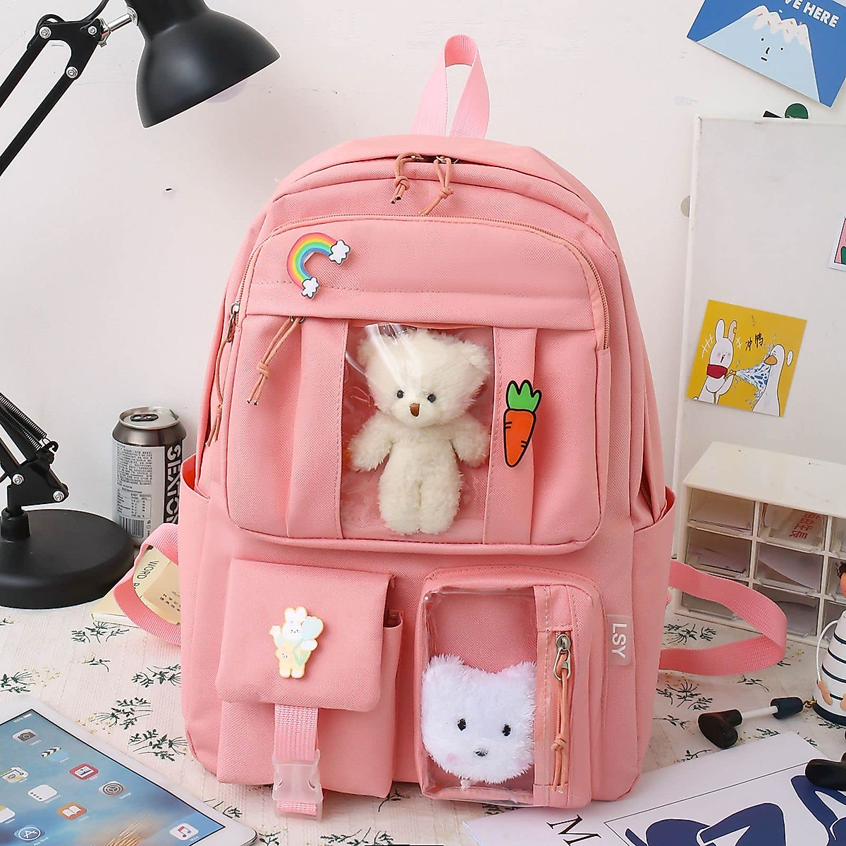 YGYCF Kawaii Backpack 5Pcs Set for Student with Cute Bear Accessories - School Bags for Teen Girls Back to School Supplies Essentials Aesthetic Bookbag, A Pink