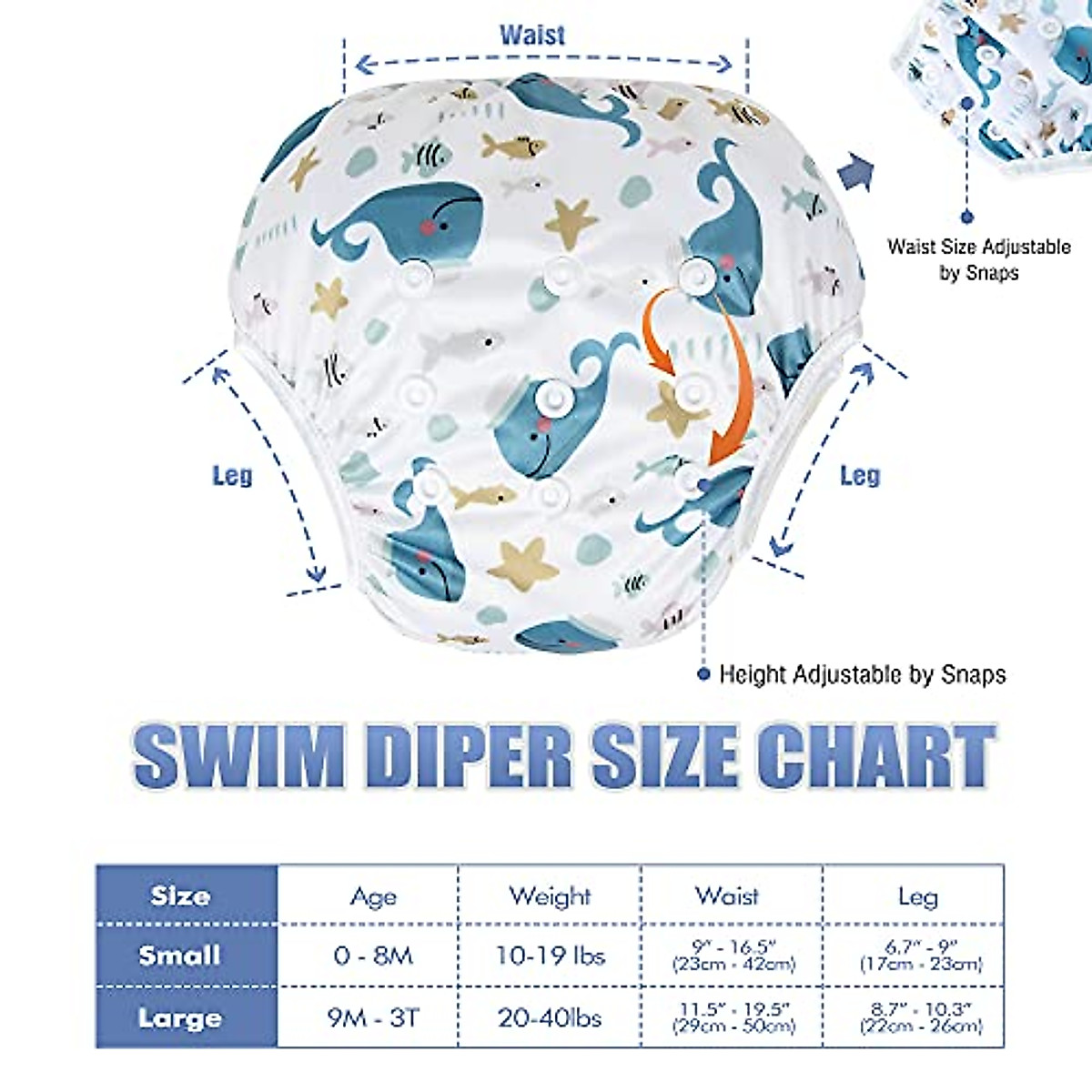 Leekalos One Size Adjustable Reusable Swim Diaper Boys & Girls, Swim Diapers for Baby Shower Gifts & Swimming Lessons, Pack of 3 (Fish, Giraffe, Whale, Large)