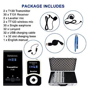 Retekess T130 Tour Guide System, Tour Guide Headsets with 2 Wireless Mic, 32-Slot Charge Case, Assistive Listening System for Church,School(2 Transmitters 30 Receivers)