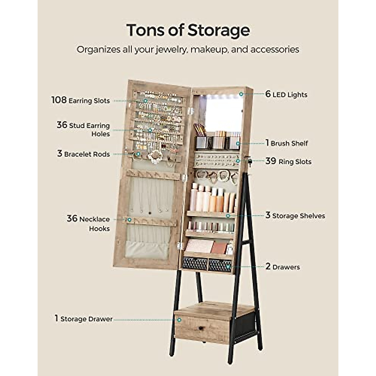 SONGMICS LED Mirror Jewelry Cabinet Standing, Lockable Jewelry Armoire with Full-Length Mirror, Space-Saving Jewelry Organizer with Mirror, Drawer and Shelf, Toasted Oak Color UJJC025N01