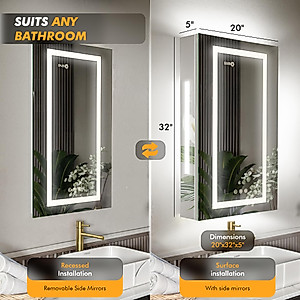 KRISTALLUM LED Lighted Medicine Cabinet Front & Backlit Dimmable Colours, Clock & Temp, USB Outlets (20 x 32inc)