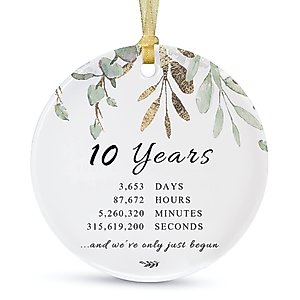 10 Years Anniversary Christmas Ornament, 10th for Couple, Ten Years Married Ceramic Ornament for Decorating Home Weddings,with Card and Gift Box (2.9") (10th-Classic Green Leaf)