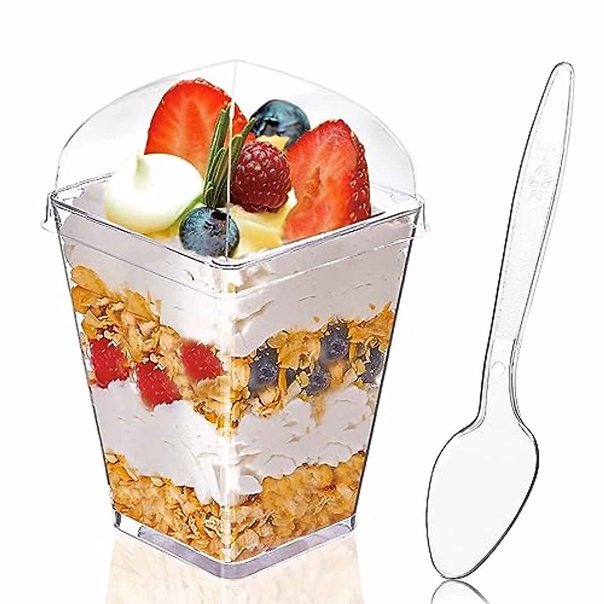Hiasobre 50Pack 5oz Clear Plastic Dessert Cups with Lids and Spoons, Reusable Square Parfait Appetizer Cups, Party Trifle Shooter Serving Cups, Mini Dessert Shot Glasses for Tasting