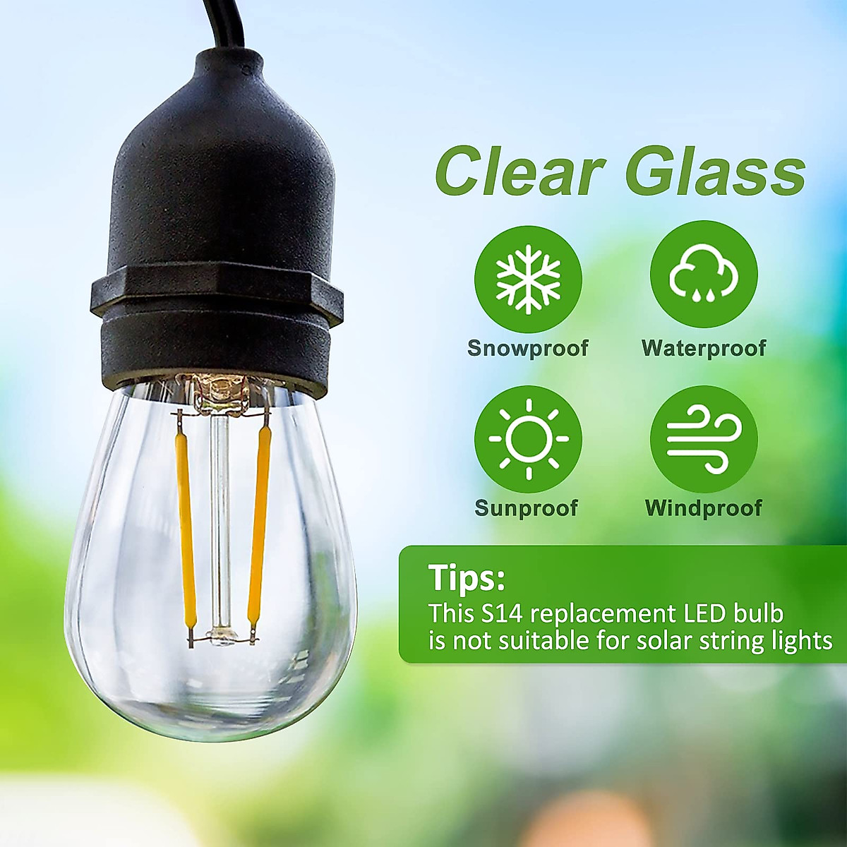 ROMANJOY LED Light Bulbs, 11-15W Equivalent Incandescent Bulbs Replacement, Waterproof Bulbs for Outdoor Patio String Lights, Vintage Edison LED Filament Bulb (S14-2W-E26-15Pack, 2200K Warm White)