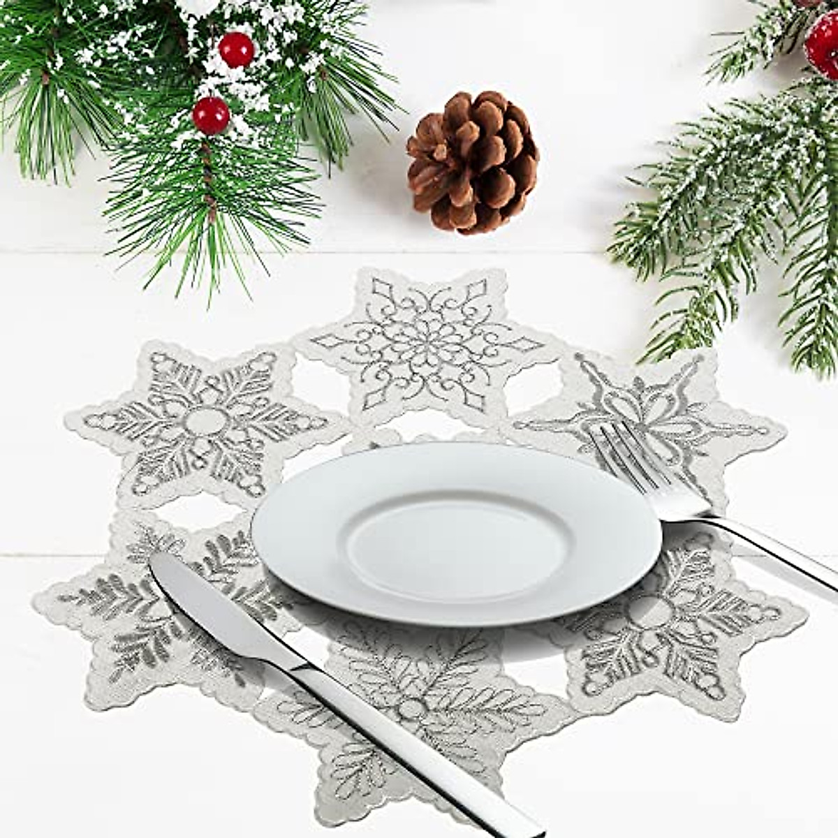 OWENIE Christmas Placemats Set of 4, Metallic Embroidered Cutwork Silver Snowflakes Round Placemats for Dinging Table, Luxury Holiday Tabletop Collections, Winter Table Mats (4pcs, 15 inches Round)