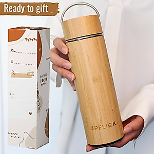 UPFLICK Bamboo Tea Tumbler with Infuser for Loose Tea 17 oz Insulated Water Bottle Gift for Women Birthday Coffee Thermos Stainless Steel Leak Proof Keep Hot Cold Drink for Gym, Sport, Camping, Yoga.