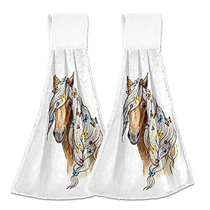 Alaza Brown Horse and Butterfly Kitchen Towels Tea Towels Dish Towels with Hanging Loop 2 Pack
