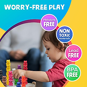 Skoolzy Rainbow Stacking Bears with Matching Sorting Cups 69 Piece Set, 60 Bear counters, Scissor Tongs, Rainbow Cups, Storage Bag, Sorting dice Game