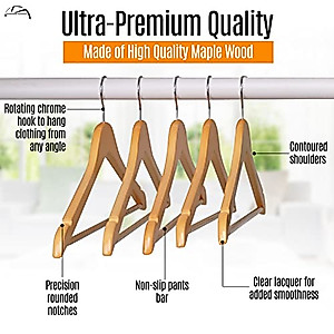Wooden Hangers 20 Pack- Extras Included- 5 Shoulder Shapers - 2 Bag or Scarf Hangers- 3 Hanger Options in 1 Box- Non-Slip Pants Bar, Rotating Hook, Rounded Notches- Great Suit Hangers- 27 Total Pieces