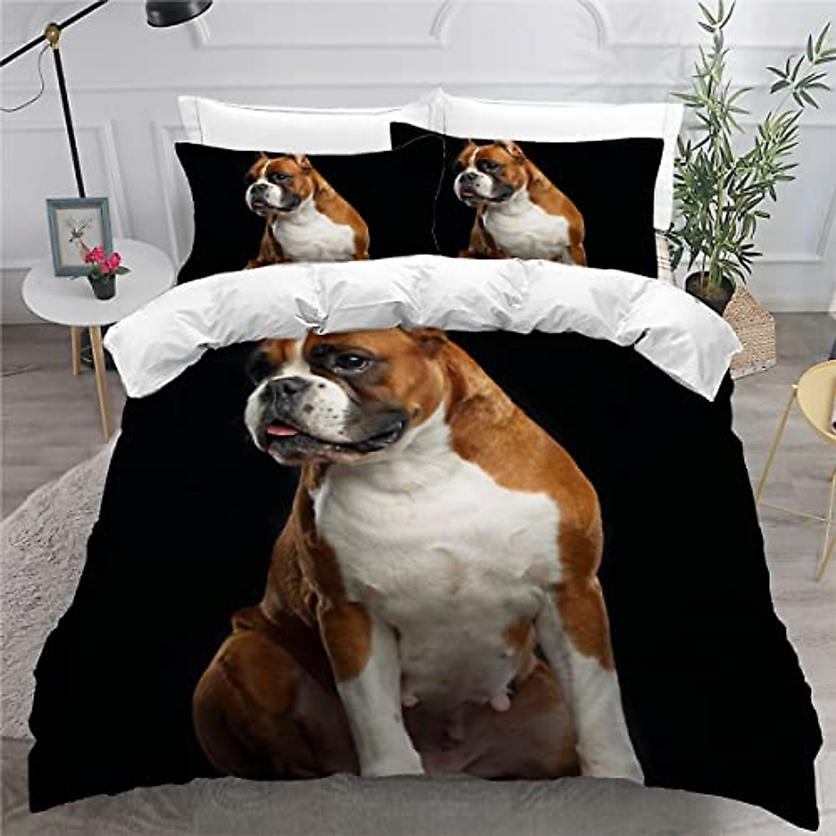 Quilt Cover Twin Size German Boxer Dog 3D Bedding Sets Animal, Dog Duvet Cover Breathable Hypoallergenic Stain Wrinkle Resistant Microfiber with Zipper Closure,beding Set with 2 Pillowcase
