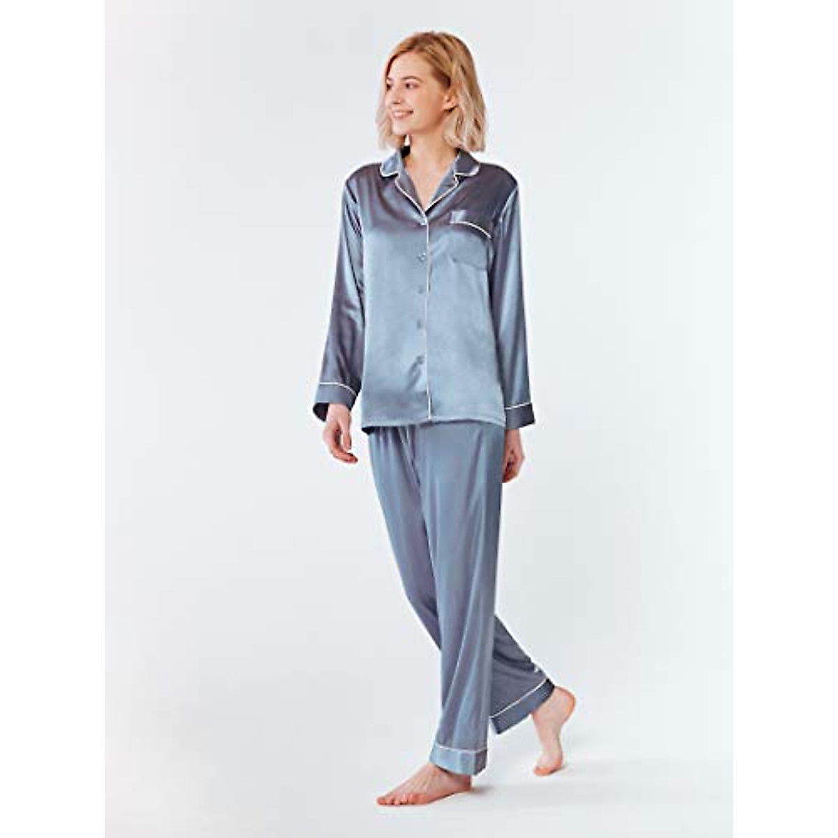 SIORO Silky Pajamas for Women Satin Pajama Sets Long Sleeve Button Down Sleepwear PJ's Soft Loungewear, Blue Grey, Medium