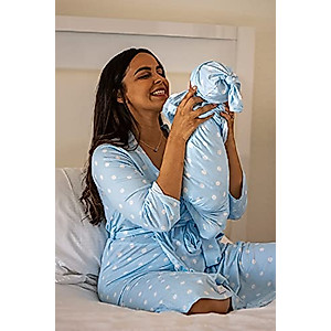 MOMMY O CLOCK Mommy Robe for Maternity and Baby Swaddle Blanket, Milk Silk Matching Delivery Robe and Swaddling Wrap for Mom and Baby (Blue Polka Dot, L/XL (12-24))