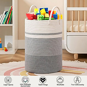 Laundry Basket,Woven Cotton Rope Laundry Hamper,58L Hamper for Kids for Blanket,Toys,Dirty Clothes in Living Room,Bathroom,Bedroom (Grey&White)