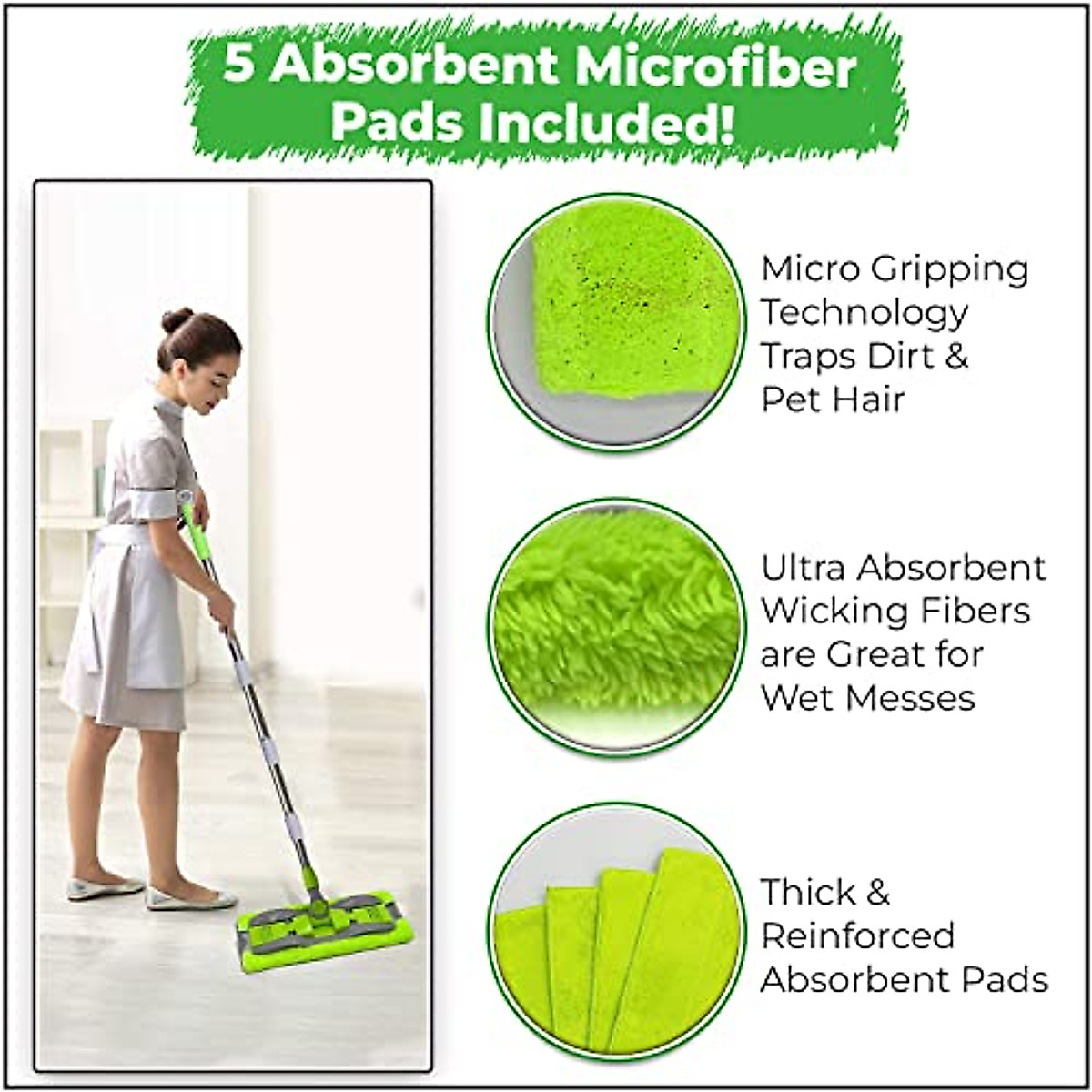 ITSOFT Microfiber Hardwood Floor Mop - Stainless Steel Handle with Extension and 5 Reusable Mop Pads, for Wet or Dry Floor Cleaning, Green