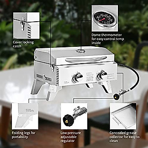 Happygrill Portable Gas Grill Stainless Steel Propane Grill Two-Burner Outdoor BBQ Grill with Foldable Leg for Camping Picnics, 20,000 BTU