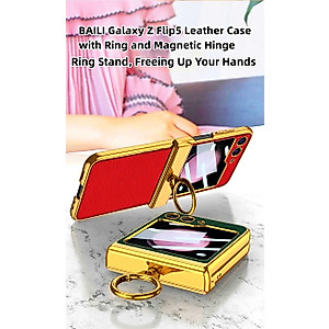 BAILI Galaxy Z Flip5 Case with Ring,Galaxy Z Flip5 Case with Magnetic Hinge,Z Flip5 Case with Leather,Military Grade Drop Protective Flip 5 Case with Electroplated Frame-Orange